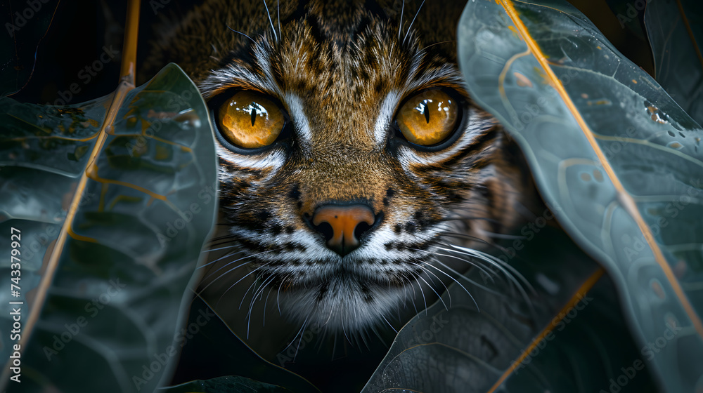 Feline Predator Lurking in the Foliage. Intense close-up of a feline ...