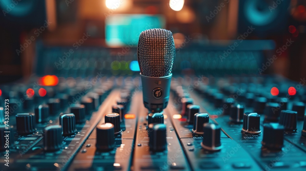 boutique recording studio control desk. Professional studio microphone ...