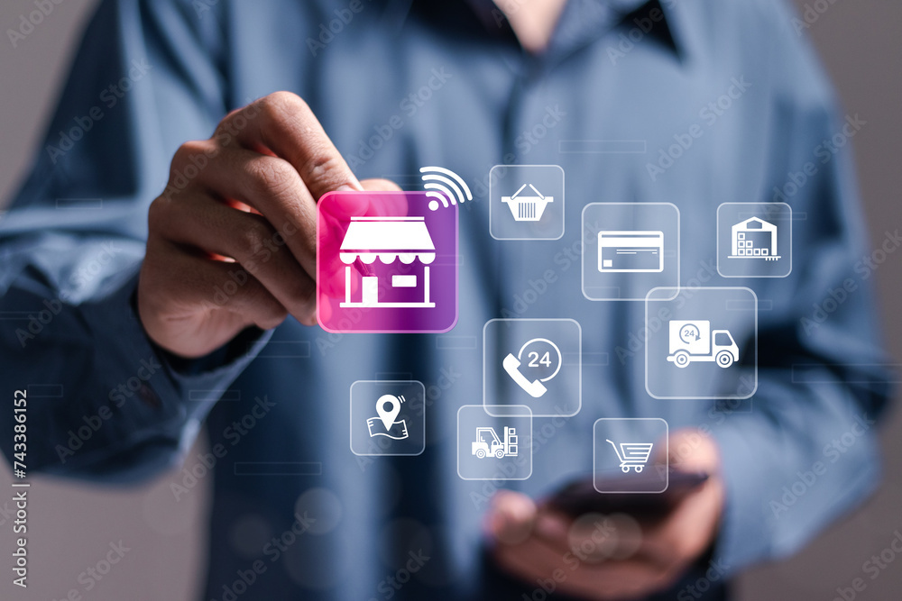 Smart retail technology and omni channel concept. Person touching ...