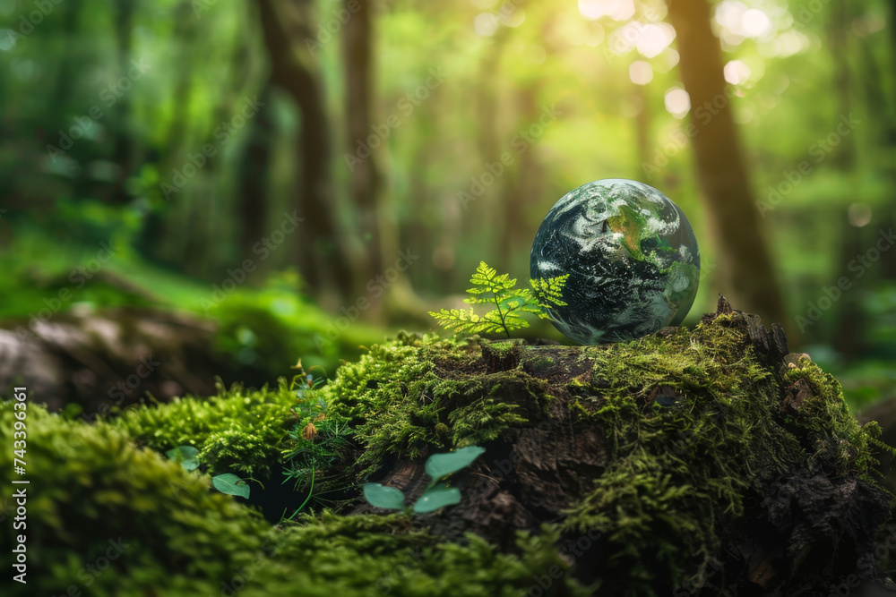 Green forest with the Earth global planet that tree growing from inside ...