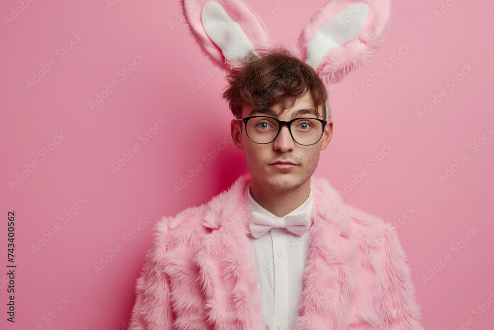 Hip Male Model In Cool Funny Easter Bunny Costume Minimalistic Background For A Editorial Shot
