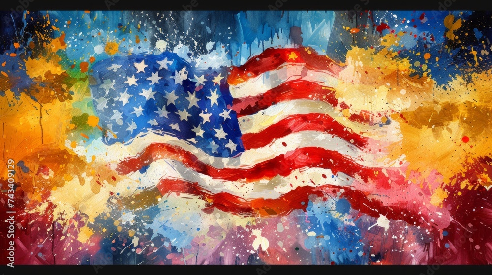 USA flag undulating with pride against a backdrop of artistic splashes ...
