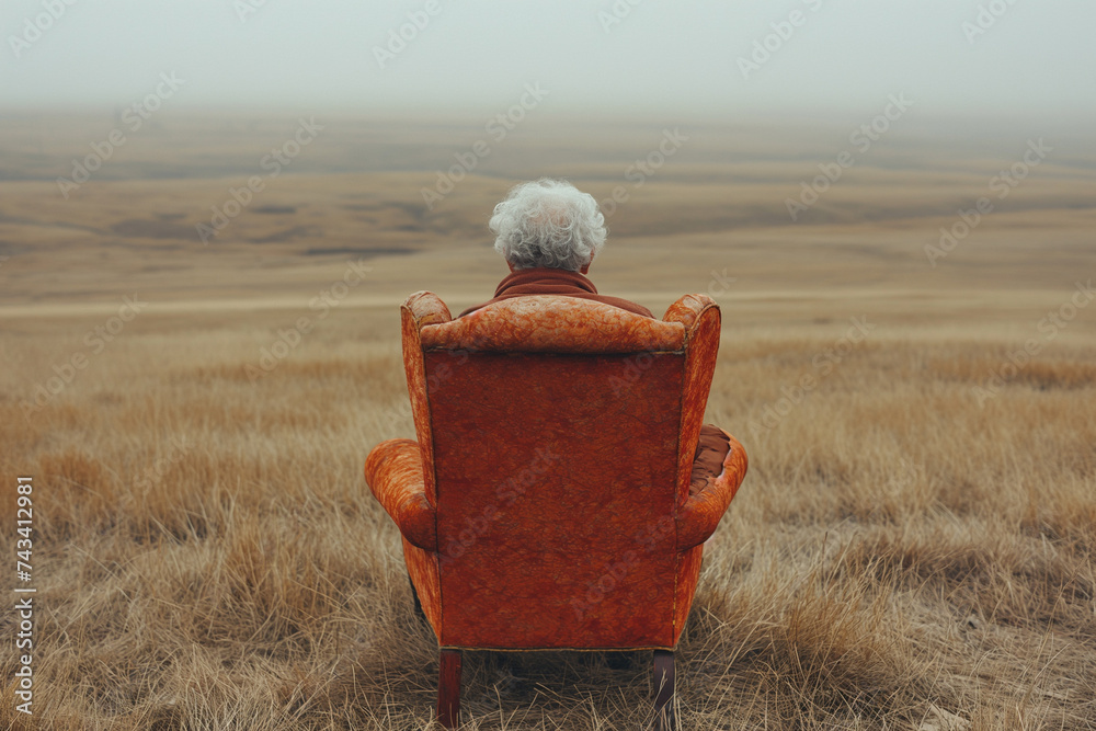 dying elderly man peacefully sitting on a vintage orange clean sofa ...