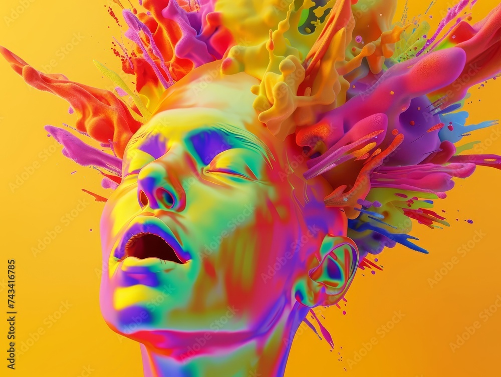 3D clean depiction of a mind in creative overdrive colors bursting from ...