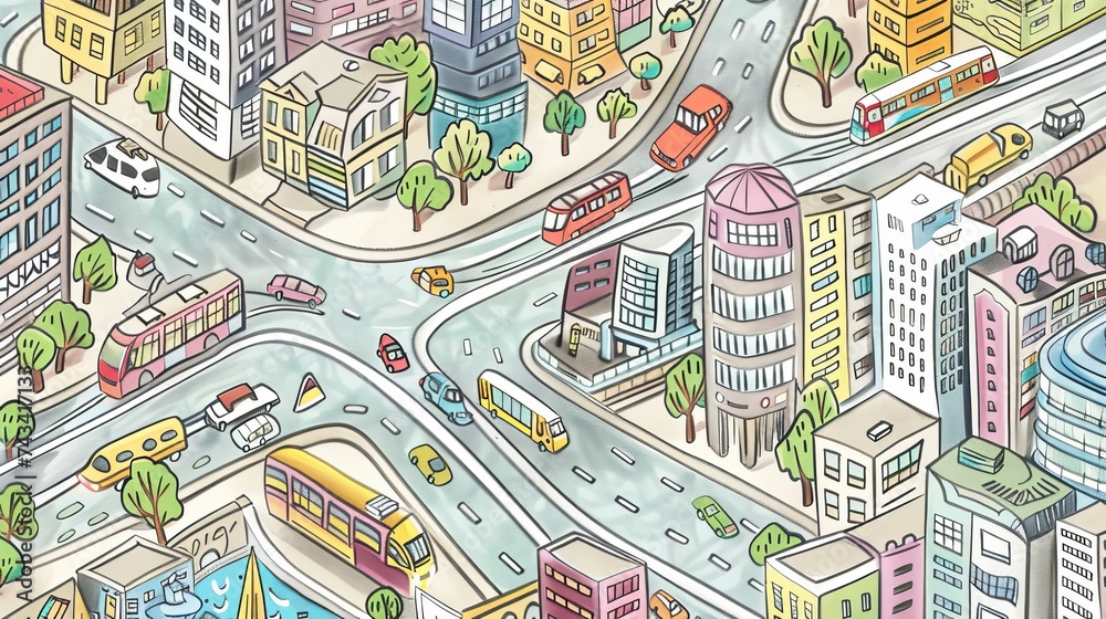 Hand drawn map of a citys transportation infrastructure Stock ...