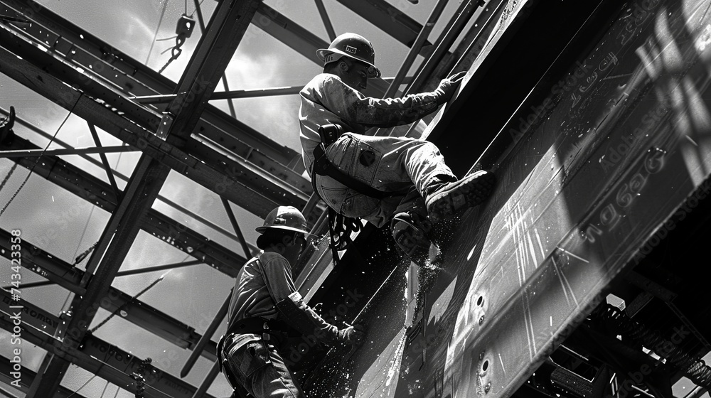 Workers installing fireproofing materials on structural steel ...