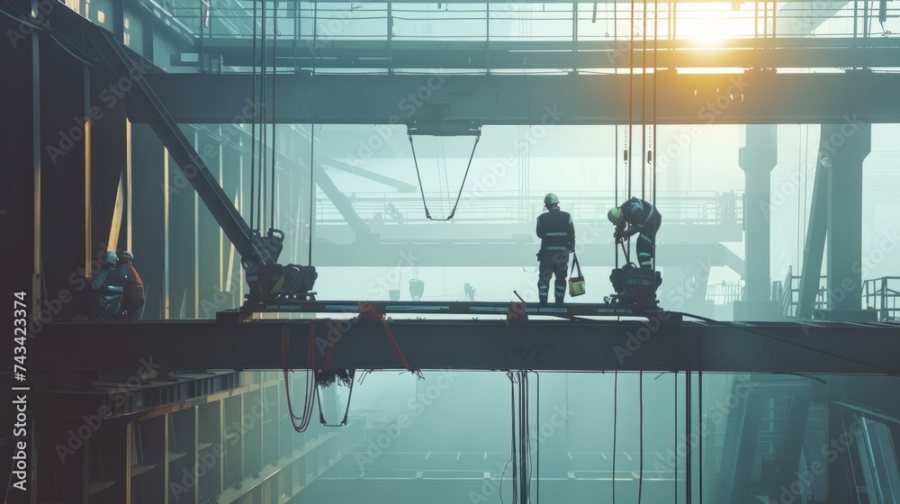 Workers installing fireproofing materials on structural steel ...