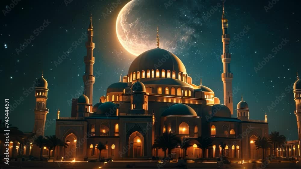 majestic mosque illuminated under the enchanting glow of a crescent ...