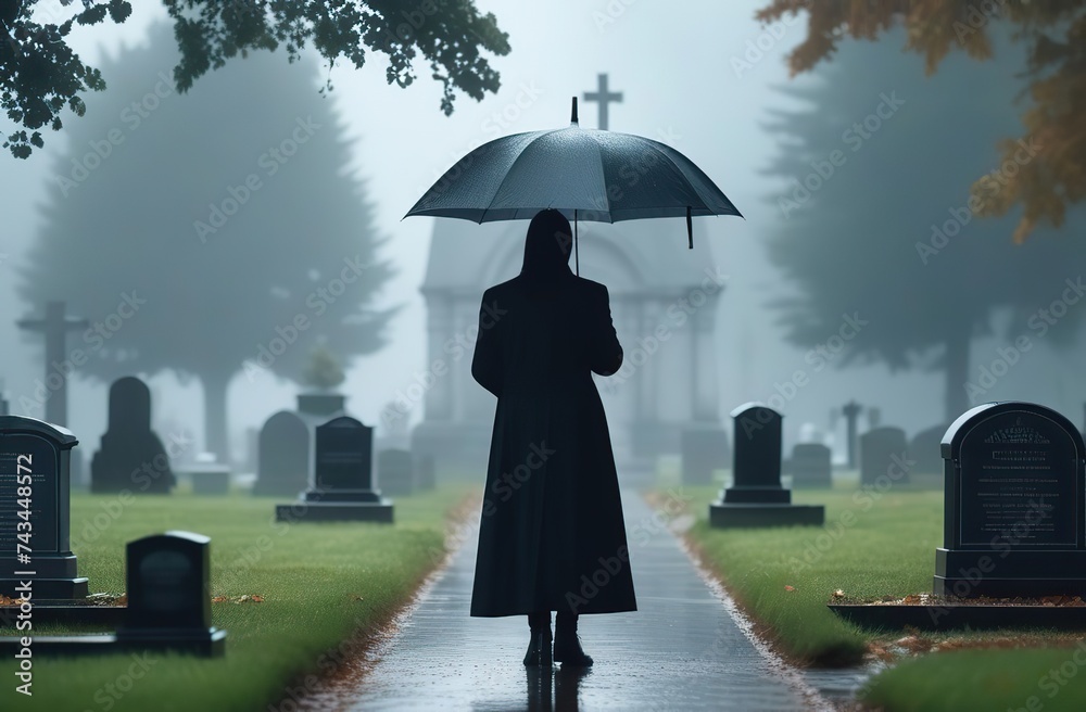 Grieving mourner silently stands in rain with umbrella at cemetery ...