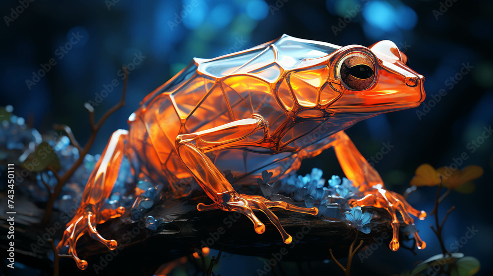 An alien creature made of glowing polygons floating in a dark space ...