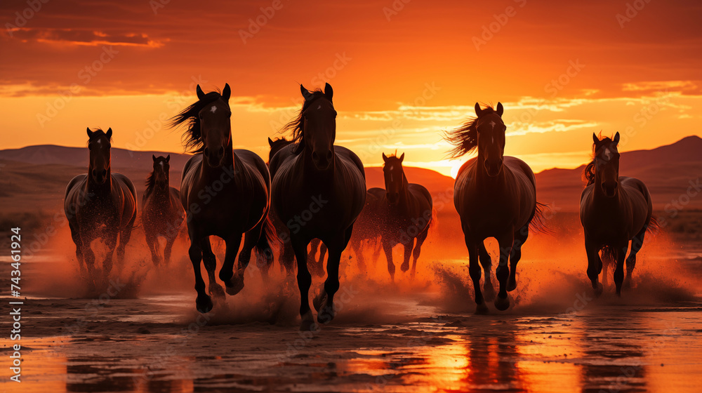 Herd of wild horses galloping across the water on the desert prairie ...