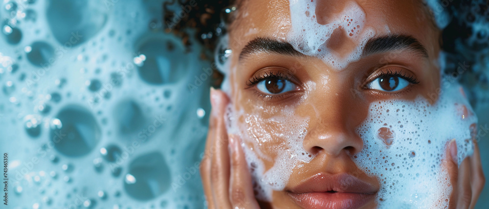 Beautiful black girl wash her face with cleansing face foam. young ...