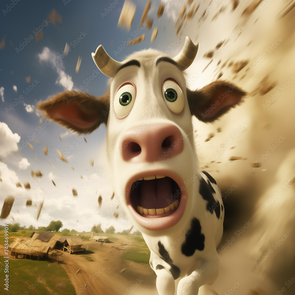 Tornade qui attrape une vache, qui s'envole et se montre surprise avec ... Tornade qui attrape une vache, qui s'envole et se montre surprise avec ...