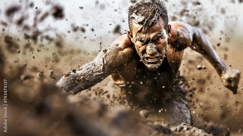 Determined Athlete Overcoming Mud Obstacle Race. An intense male ...