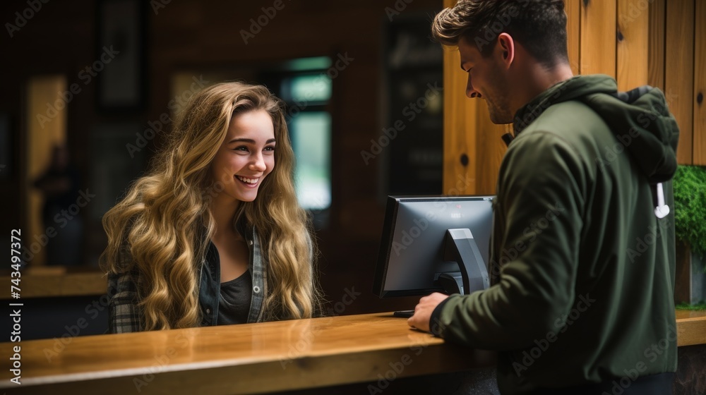 Teenage girl showing identification card to receptionist at hospital ...