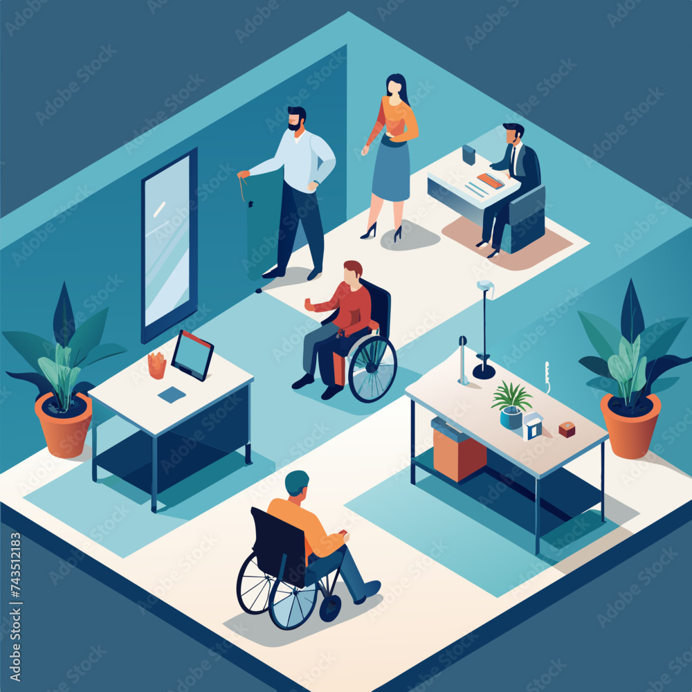 Wheelchair-accessible office layout with inclusive signage. vektor ...