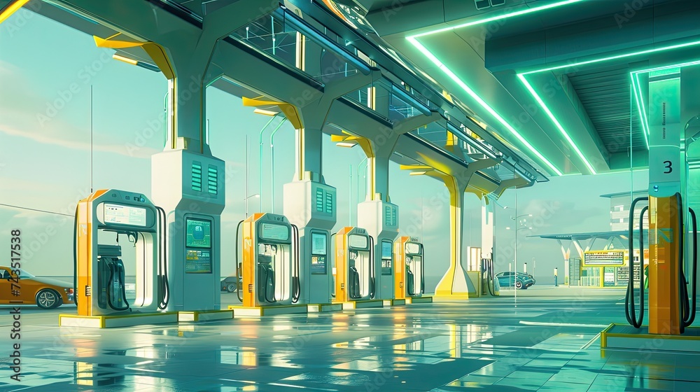 Futuristic gas station, kiosks mounted on pillars and robotic arms that ...