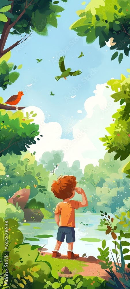 Fairy tale cartoon ambiance young boy birdwatching mythical creatures ...