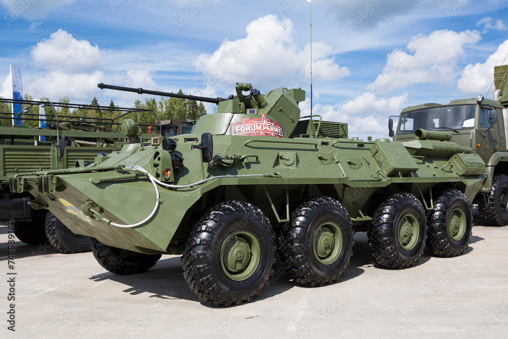 Russian armored personnel carrier BTR-82A in the exposition of the ...