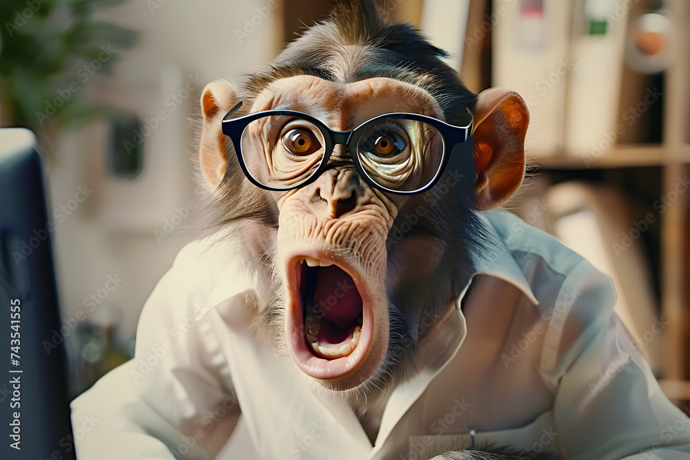 Anthropomorphic monkey with glasses working at a laptop in an office ...