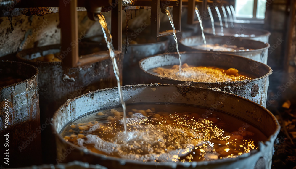 Inside a cider house - vats actively bubble during the fermentation ...
