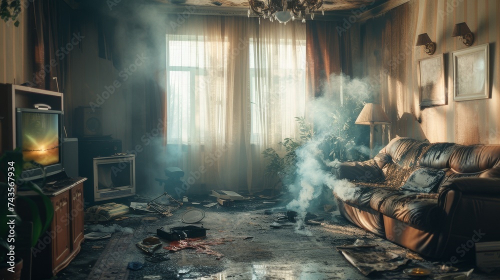 Smoke inside the house. Burning room. Interior and furniture in flames ...