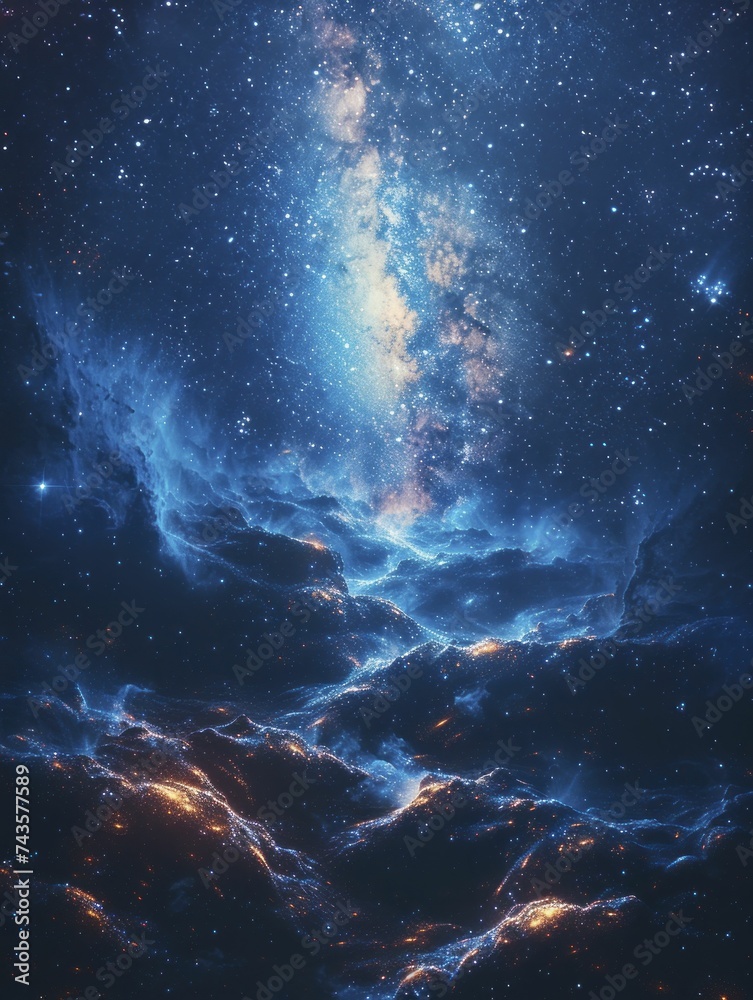 Deep blue backdrop simulates a starry night sky, with stars blending ...