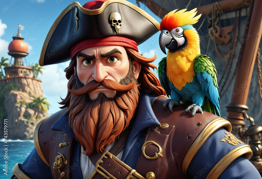 Pirate wearing sailor hat parrot sits on a shoulder. Generative AI ...
