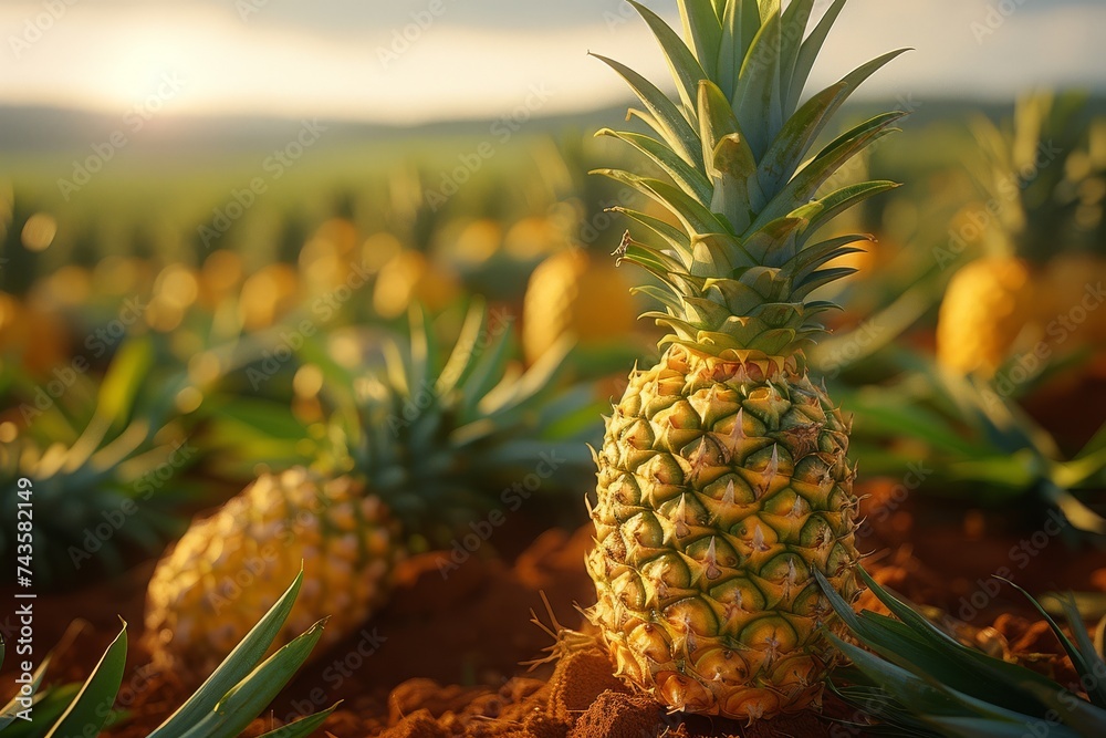 Sunset casting a golden glow over a field of pineapples with a tropical ...