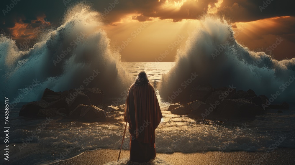 Biblical miracle: back view of moses dividing the sea with his stick ...