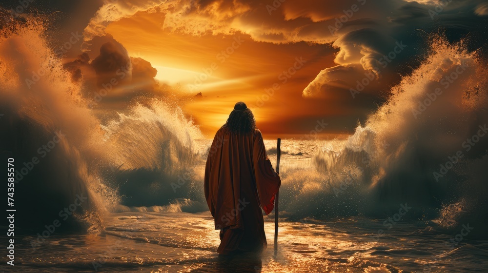 Biblical miracle: back view of moses dividing the sea with his stick ...