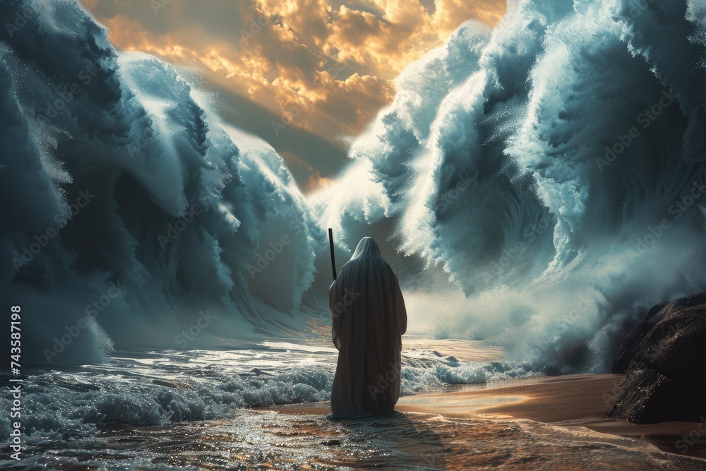 Biblical miracle: back view of moses dividing the sea with his stick ...