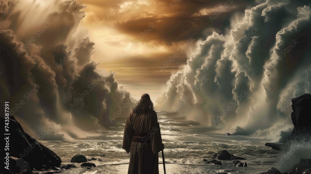 Biblical miracle: back view of moses dividing the sea with his stick ...