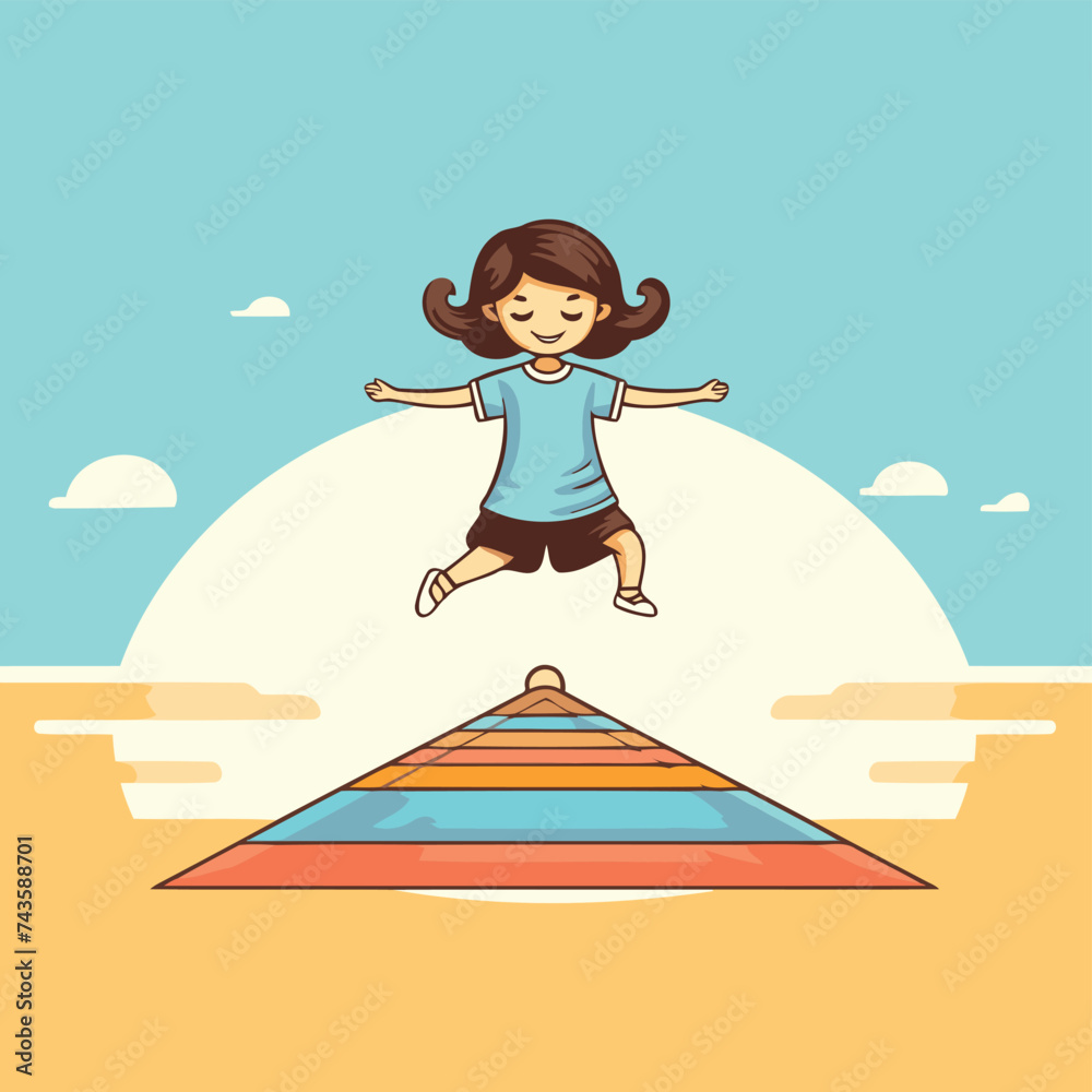 Happy little girl jumping over the pyramids. Cartoon vector ...