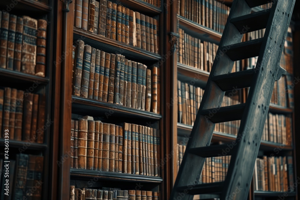 Antique library with wooden shelves full of old books and a ladder ...