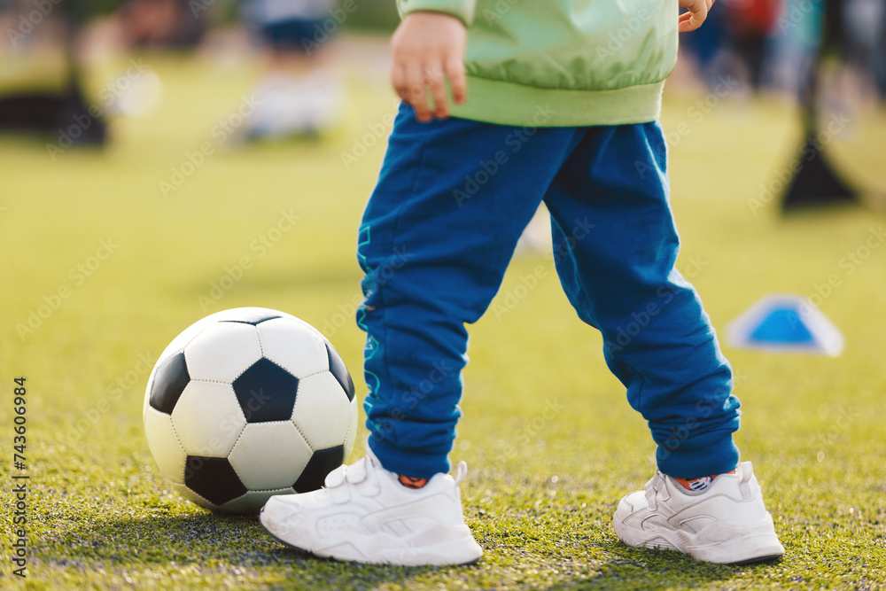 Little child with a soccer ball on a grass field. School kid kicking classic football ball on ...