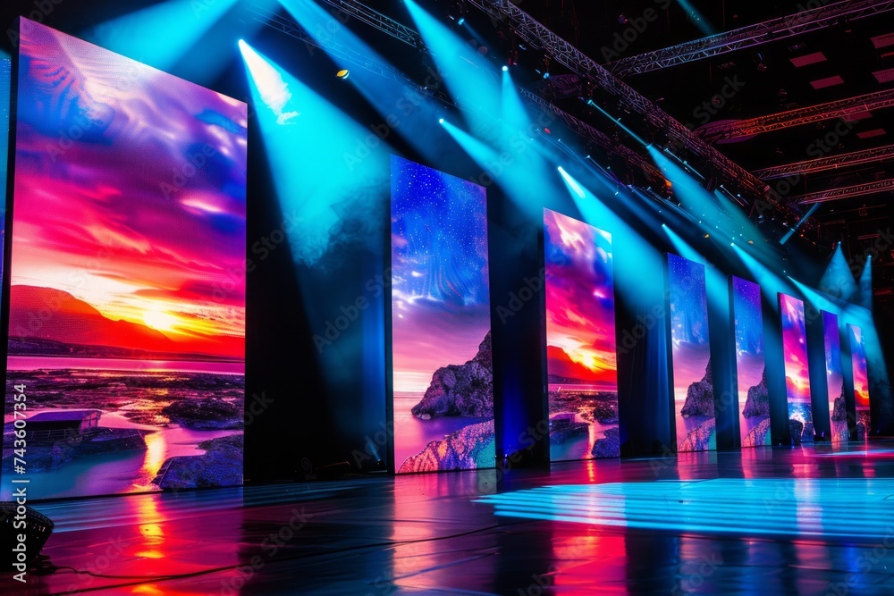 A modern stage set for a performance or event, with multiple large ...