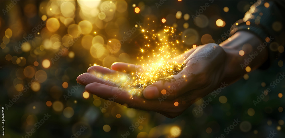 Gold dust energy - man's open hand with animated sparkling illuminated ...