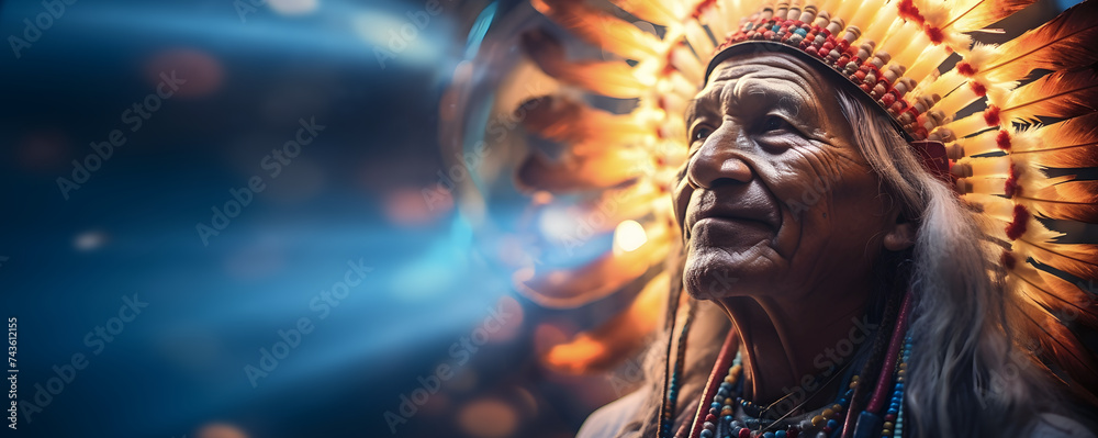 Native American Indian Chief wearing large magnificent headdress with a ...