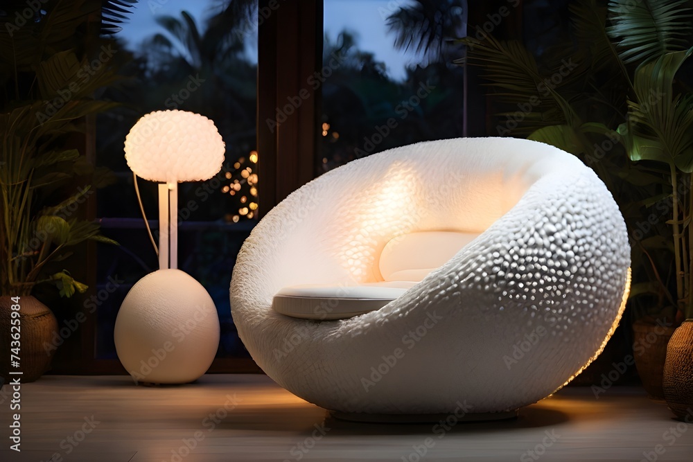 Luxury designed lychee-inspired spherical chair set infront of tropical ... Luxury designed lychee-inspired spherical chair set infront of tropical ...
