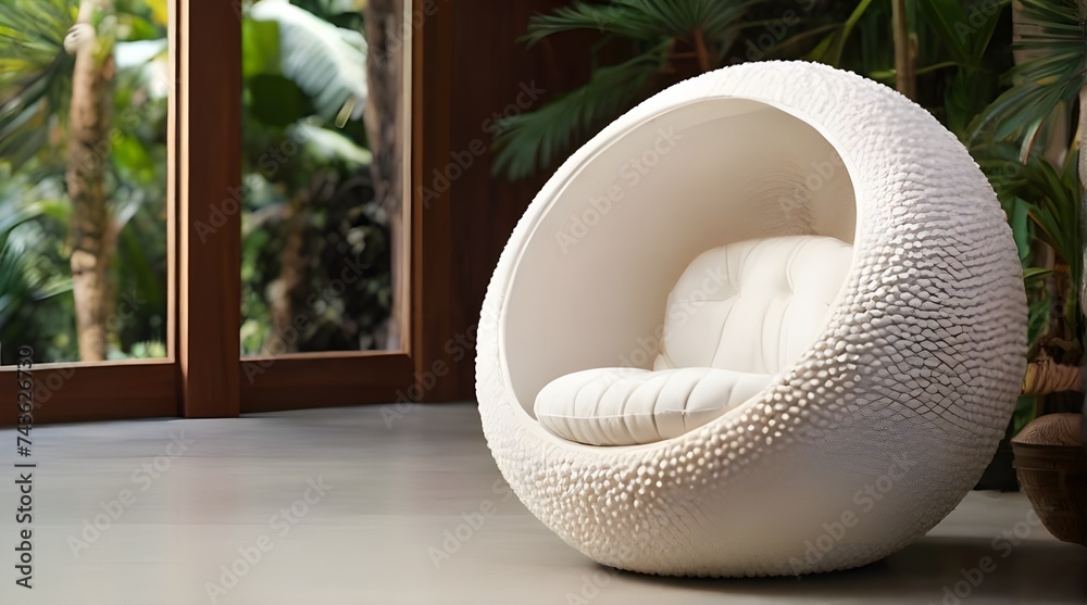 Luxury designed lychee-inspired spherical chair set infront of tropical ... Luxury designed lychee-inspired spherical chair set infront of tropical ...