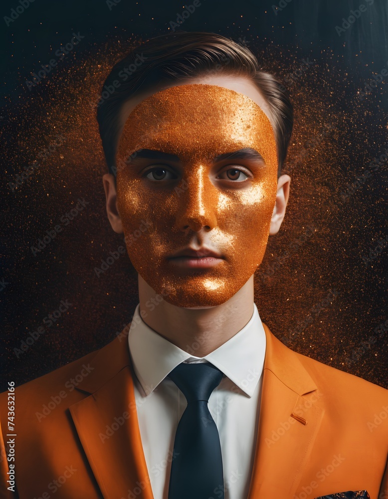 A man with an orange suit and tie, wearing a gold mask covering his ...