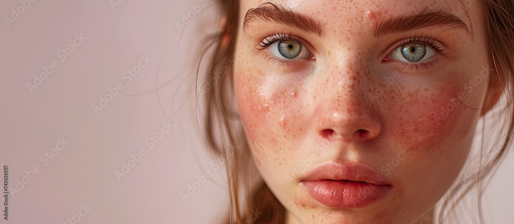 A young woman with freckles on her face is scratching her skin due to ...