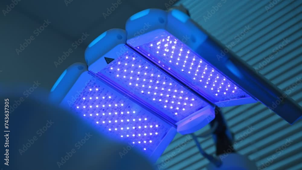 Closeup tracking shot of unrecognizable client having blue LED light ...