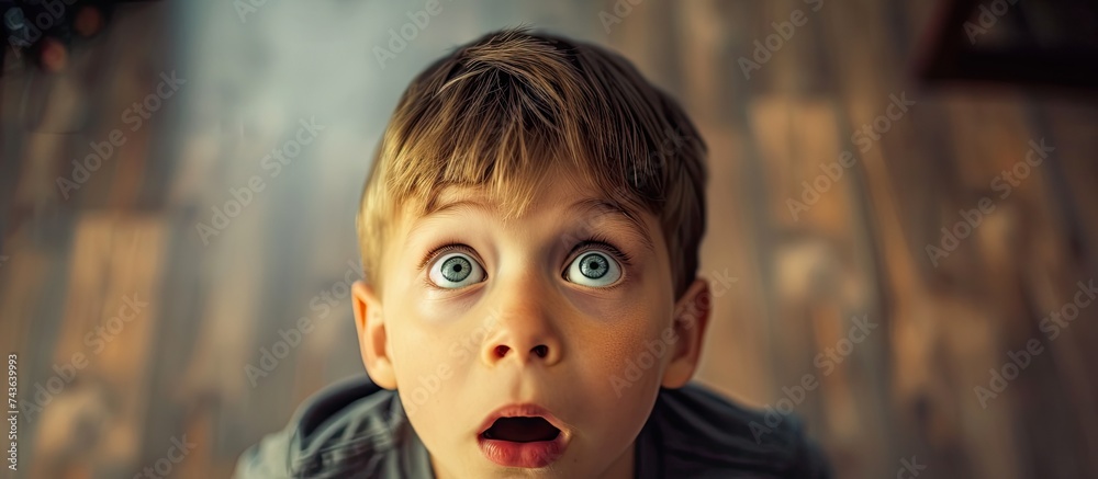 A young boy with a surprised expression on his face, possibly due to an ...