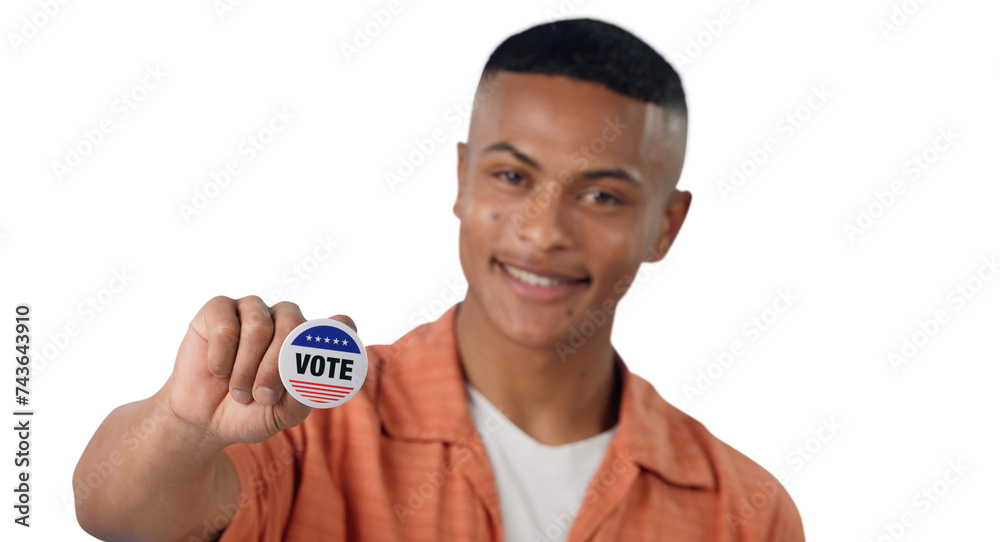Man, vote sticker and smile for election, positive and politics for ...