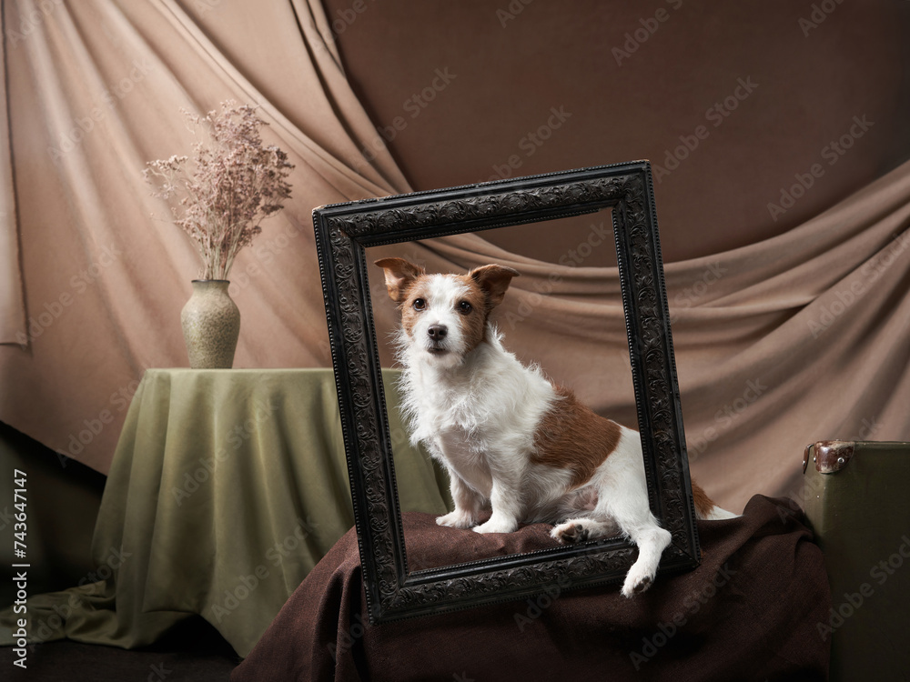 Jack Russell Terrier poses with an ornate frame, classical drapery ...