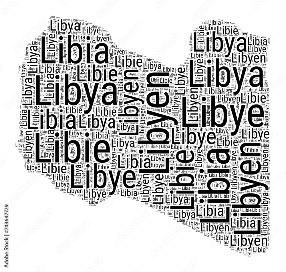 Black and white word cloud in Libya shape. Simple typography style ...