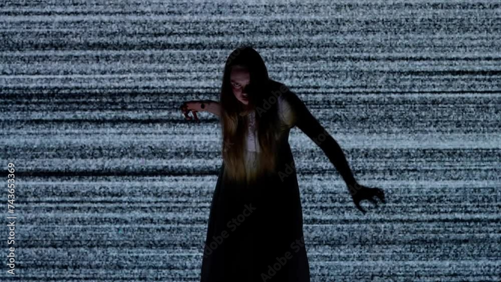 Silhouette against digital television screen. Thriller scene spooky ...