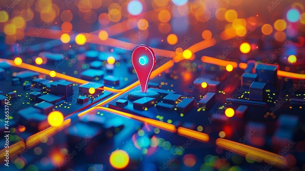 Dynamic Geospatial Map with Location Intelligence. Glowing Neon Map Pin ...